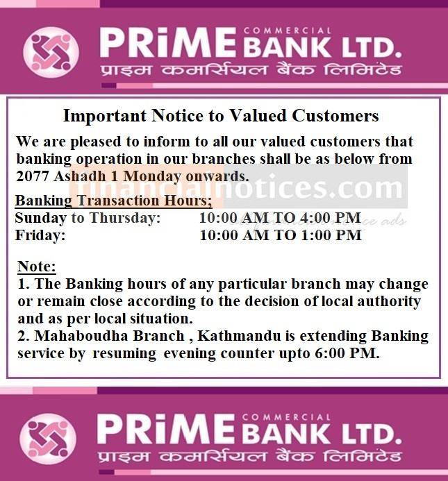 Prime Banking Hours Notice Prime Bank