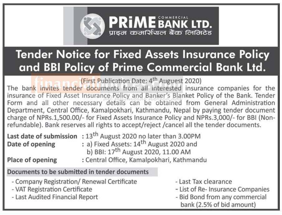 Tender Notice for Fixed Assets Insurance Policy Prime Bank