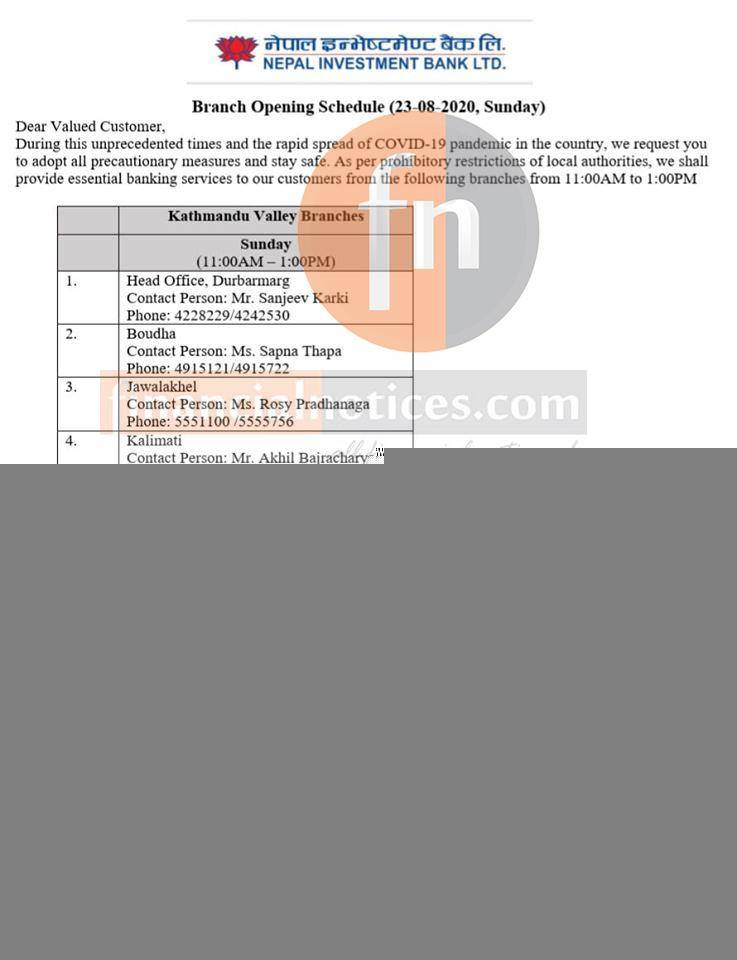 NIBL Branch Opening Schedule NIMB