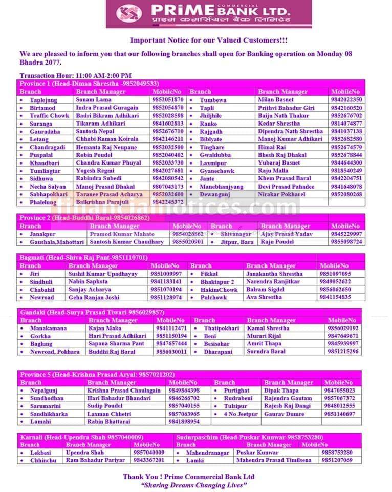 Prime Branch Opening Schedule Prime Bank