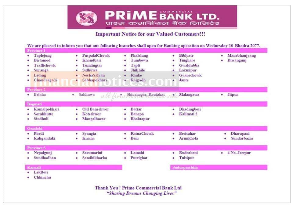 Prime Branches Opening Schedule Prime Bank