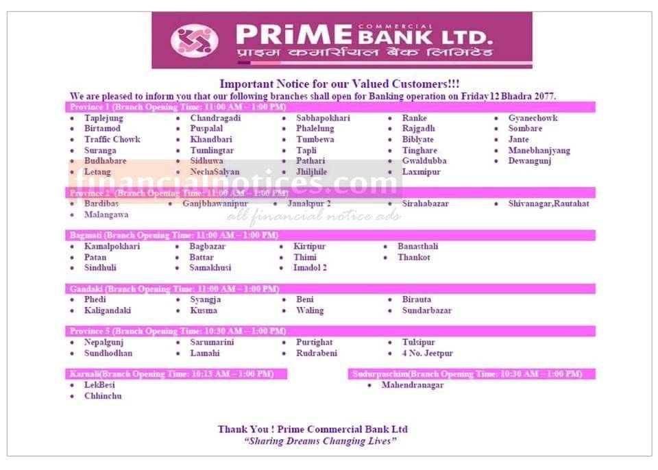 Prime Branch Opening Schedule Prime Bank