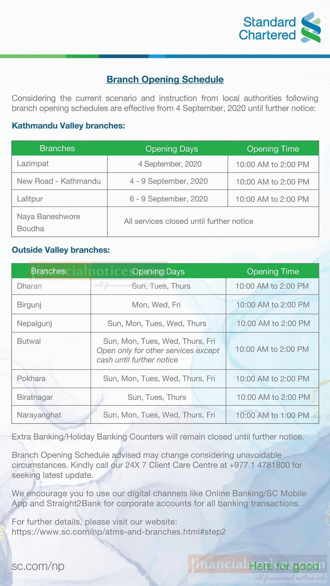 Branch Opening Schedule Standard Chartered Bank