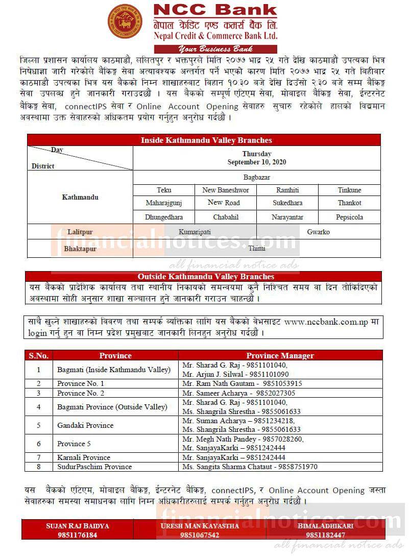 NCC बैंकको आज खुल्ला रहने शाखा समय NCC Bank