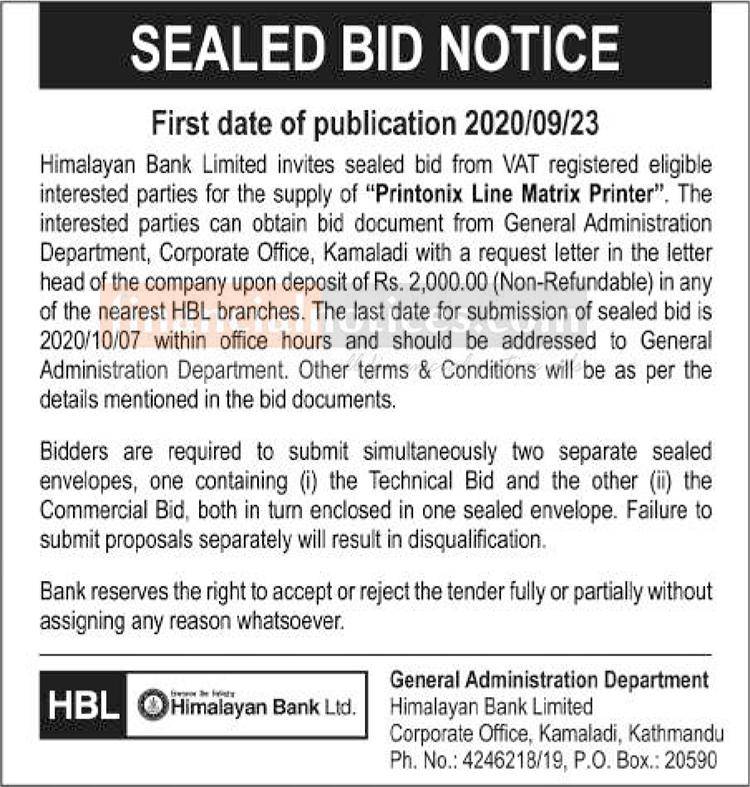 Sealed Bid Notice Himalayan Bank Ltd