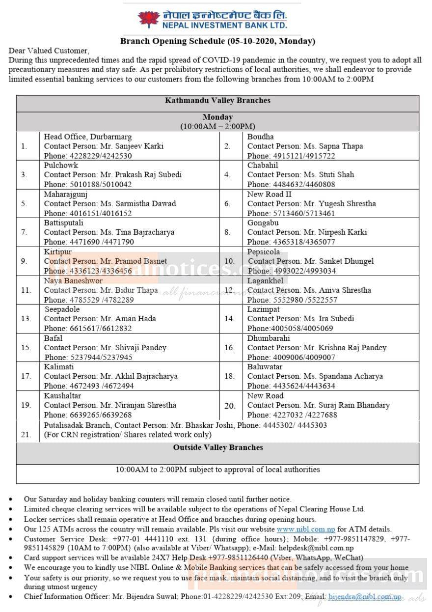 Branch Opening Schedule NIMB