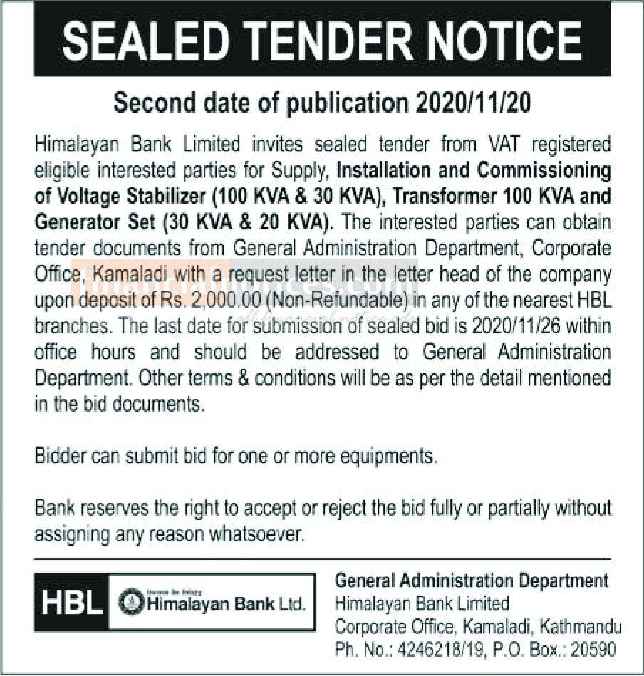 Sealed Tender Notice Himalayan Bank Ltd