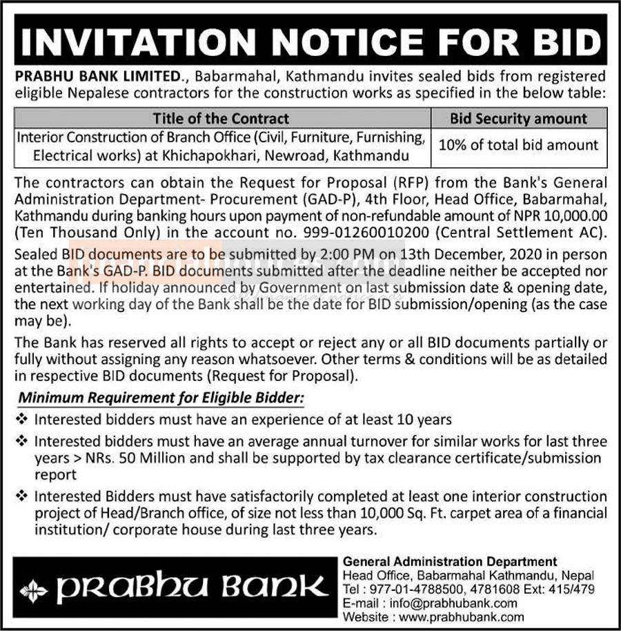 Invitation Notice for Bids Prabhu Bank