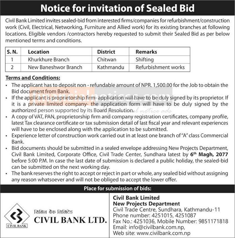 Notice for Invitation of Sealed Bid Civil Bank Limited