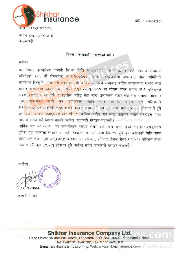 शिखर इन्सुरेन्सको २९.३२% लाभांश घोषणा बारे सूचना Shikhar Insurance