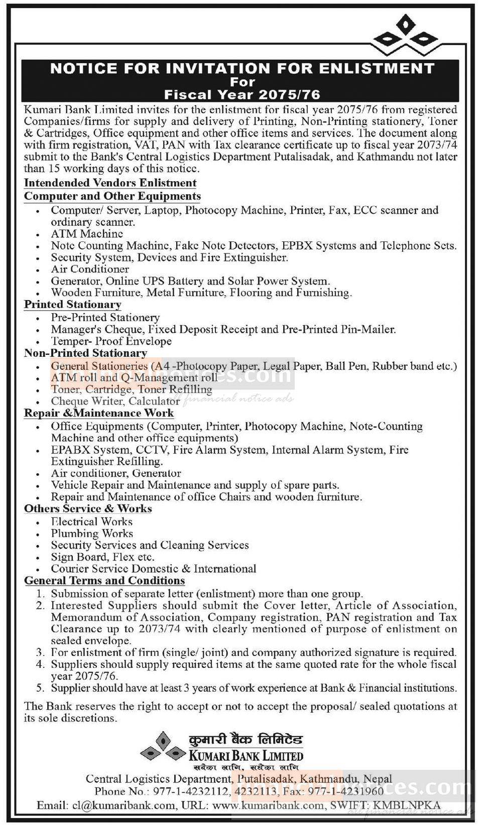 Notice for Invitation for enlistment Kumari Bank Ltd (KBL)