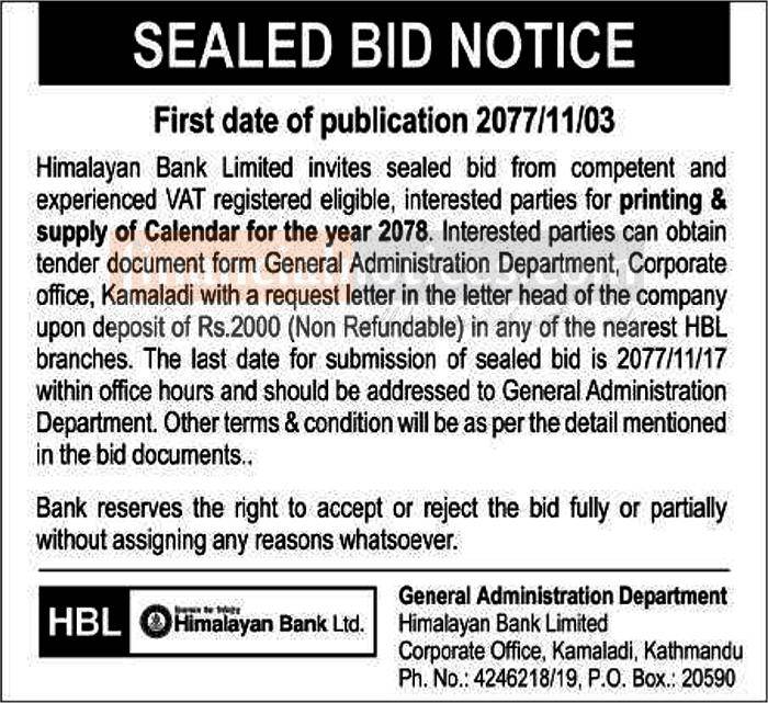 Sealed Bid Notice Himalayan Bank Ltd