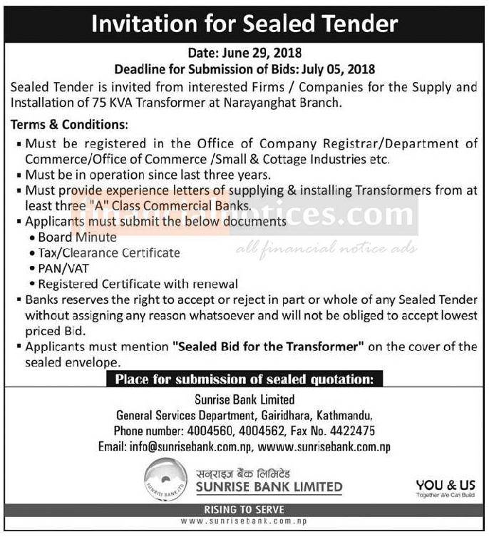 Invitation for Sealed Tender Sunrise Bank Limited
