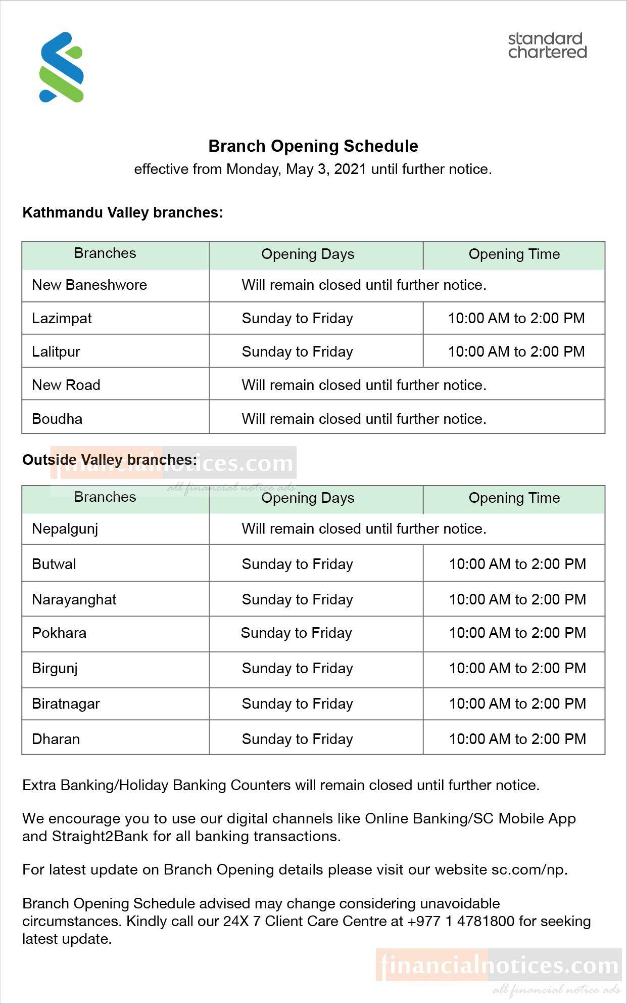 Branch Opening Schedule Standard Chartered Bank