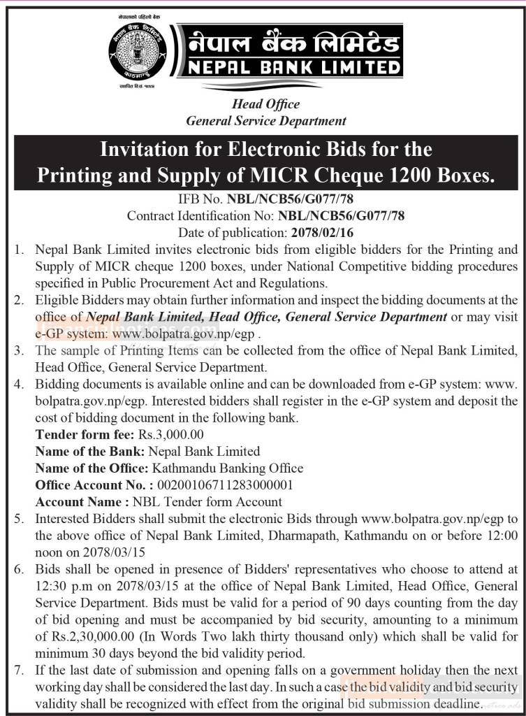 Invitation for Electronic Bids for the Printing and Supply of MICR ...