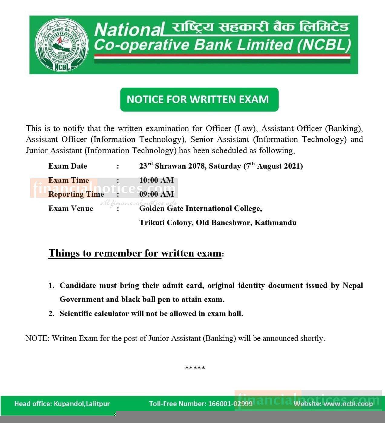 Notice for written exam National Cooperative Bank Ltd