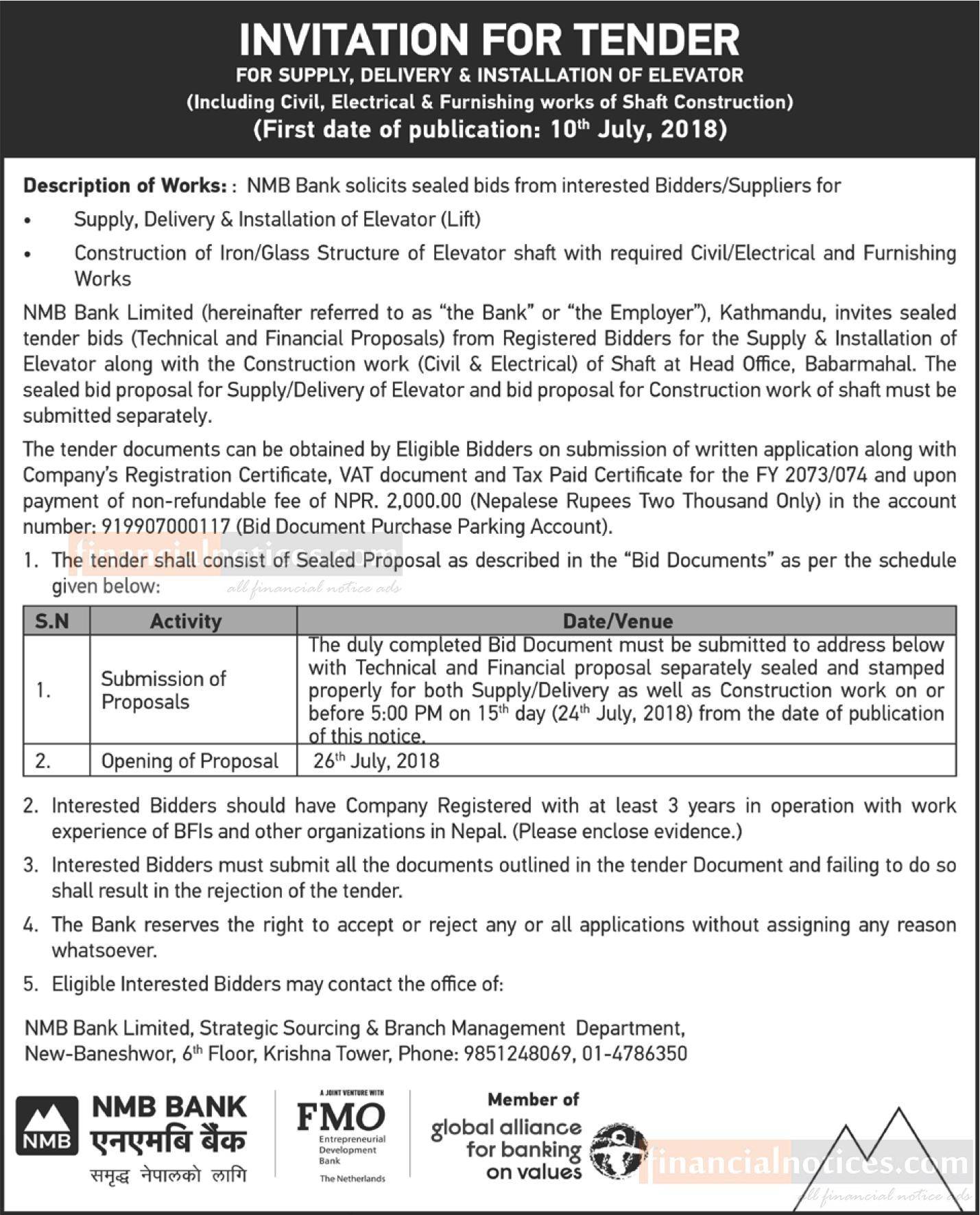 Invitation for Tender NMB Bank Limited