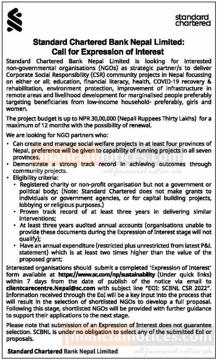 Call for Expression of Interest Standard Chartered Bank
