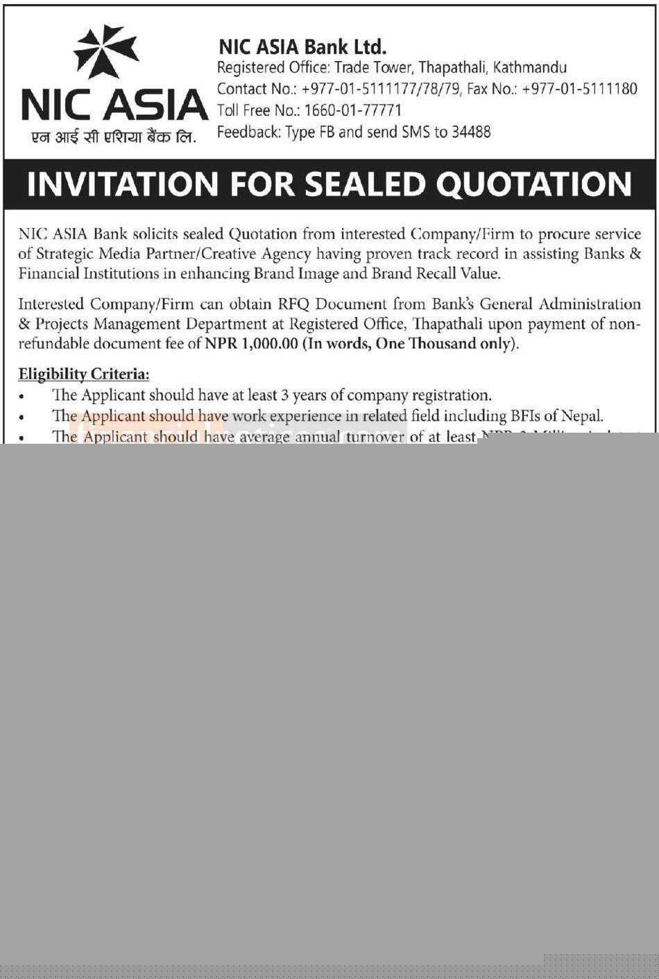 Invitation for Sealed Quotation NIC Asia Bank