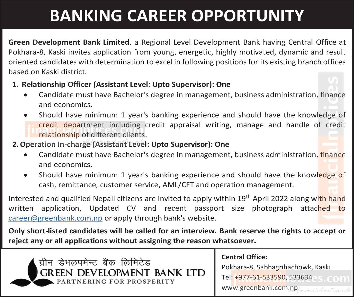 Banking Career Opportunity Green Dev. Bank