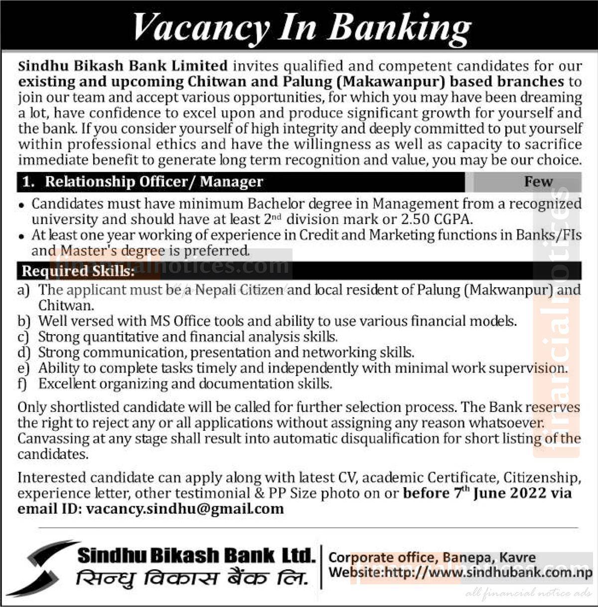 Vacancy in Banking Sindhu Bikas Bank