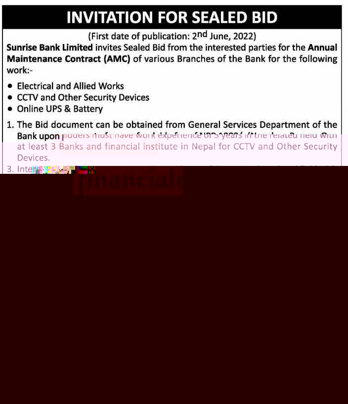 Invitation for Sealed Bids Sunrise Bank Limited