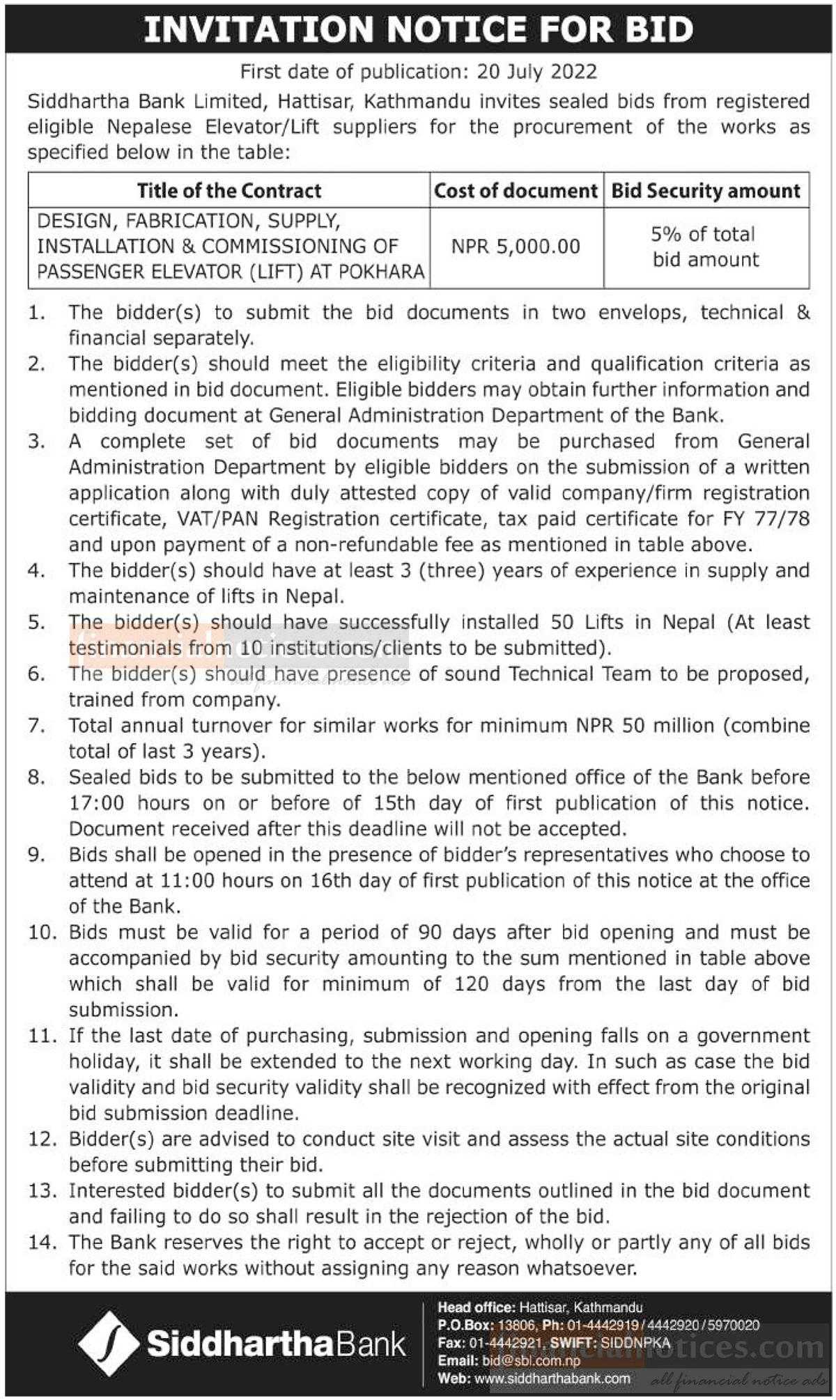 Invitation Notice for Bid Siddhartha Bank