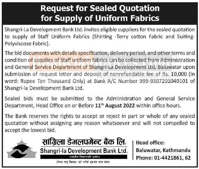 Request for Sealed Quotation for Supply of Uniform Fabrics Shangri-la ...