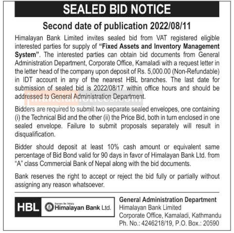 Sealed Bid Notice Himalayan Bank Ltd