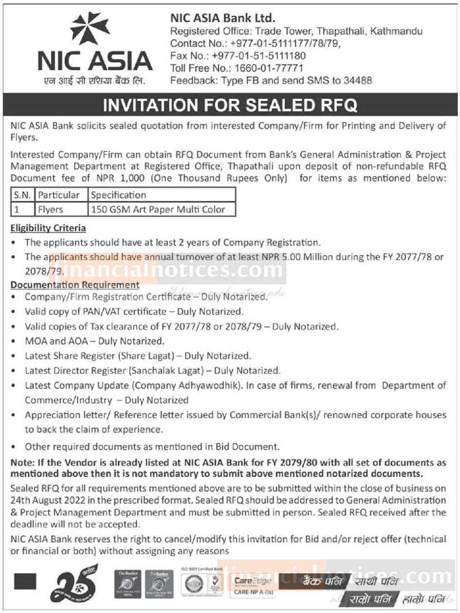 Invitation for Sealed RFQ NIC Asia Bank