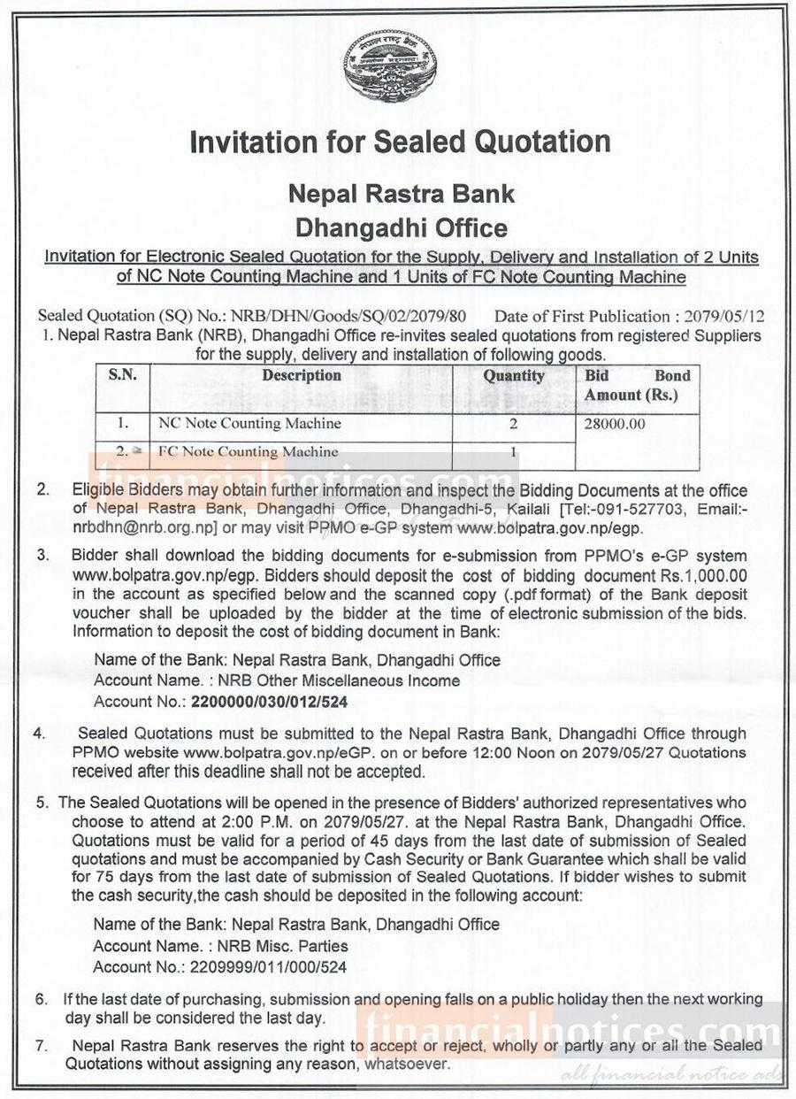 Invitation for Sealed Quotation Nepal Rastra Bank - Financial Notices ...