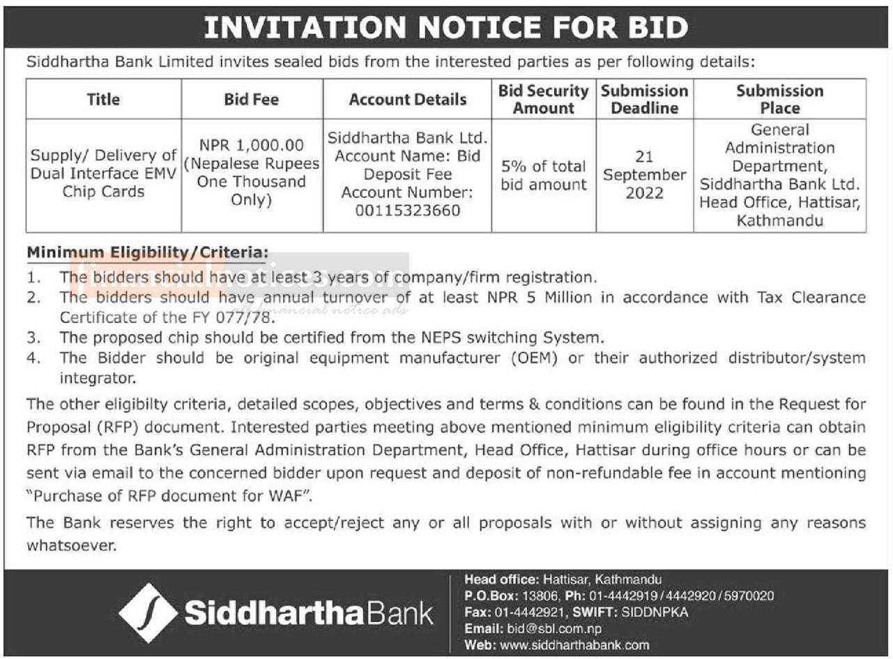 Invitation Notice for Bids Siddhartha Bank