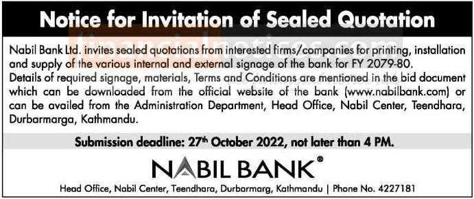 Notice for Invitation of Sealed Quotation Nabil Bank