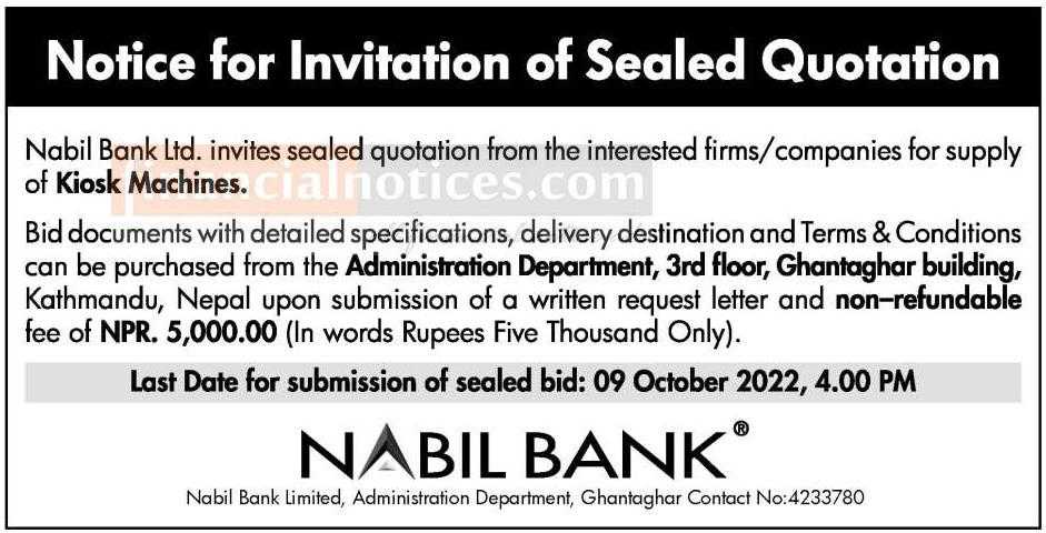 Notice for Invitation of Sealed Quotation Nabil Bank