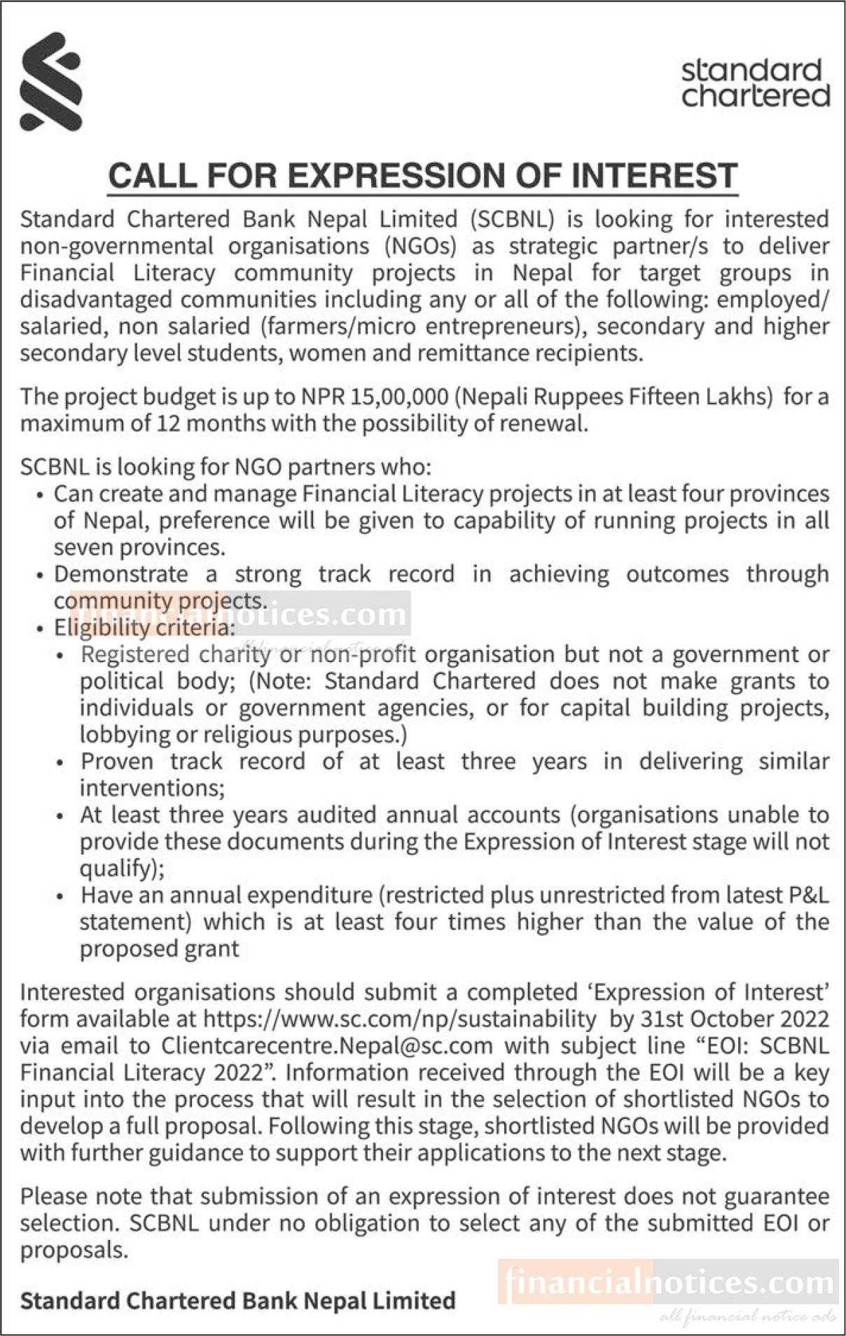 Call for Expression of Interest Standard Chartered Bank