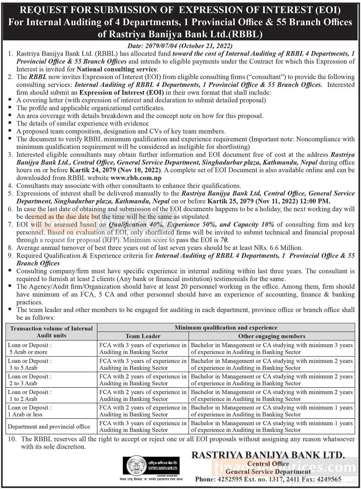 Request for Submission of Expression of Interest (EOI) RBBL