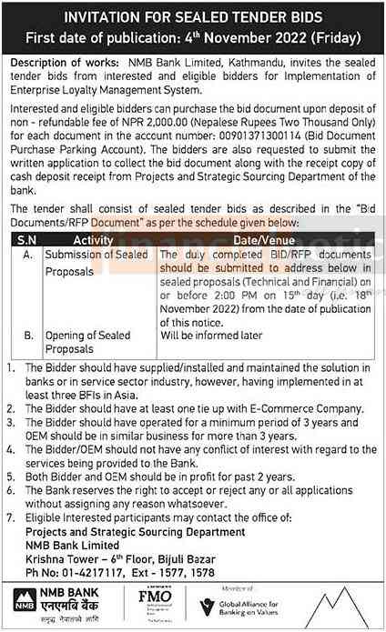 Invitation for Sealed Tender Bids NMB Bank Limited