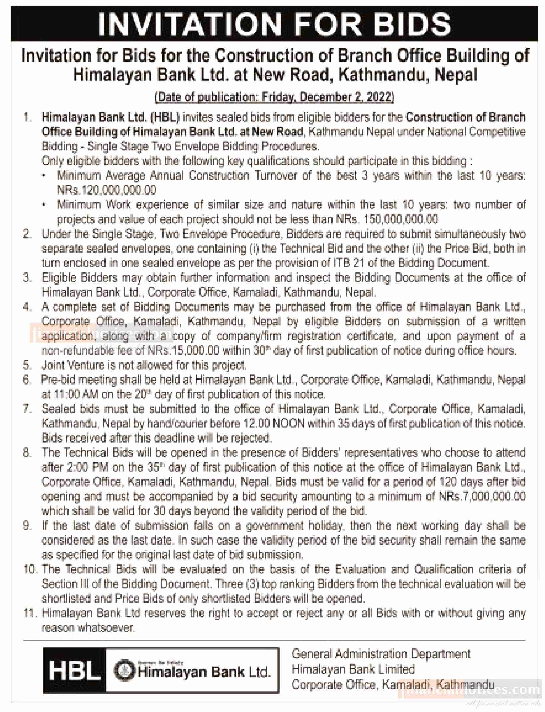 Notice Regarding Invitation for Sealed Bids Himalayan Bank Ltd