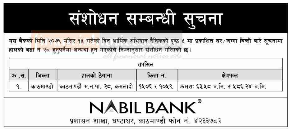 संशोधन सम्बन्धी नबिल बैंकको सूचना Nabil Bank