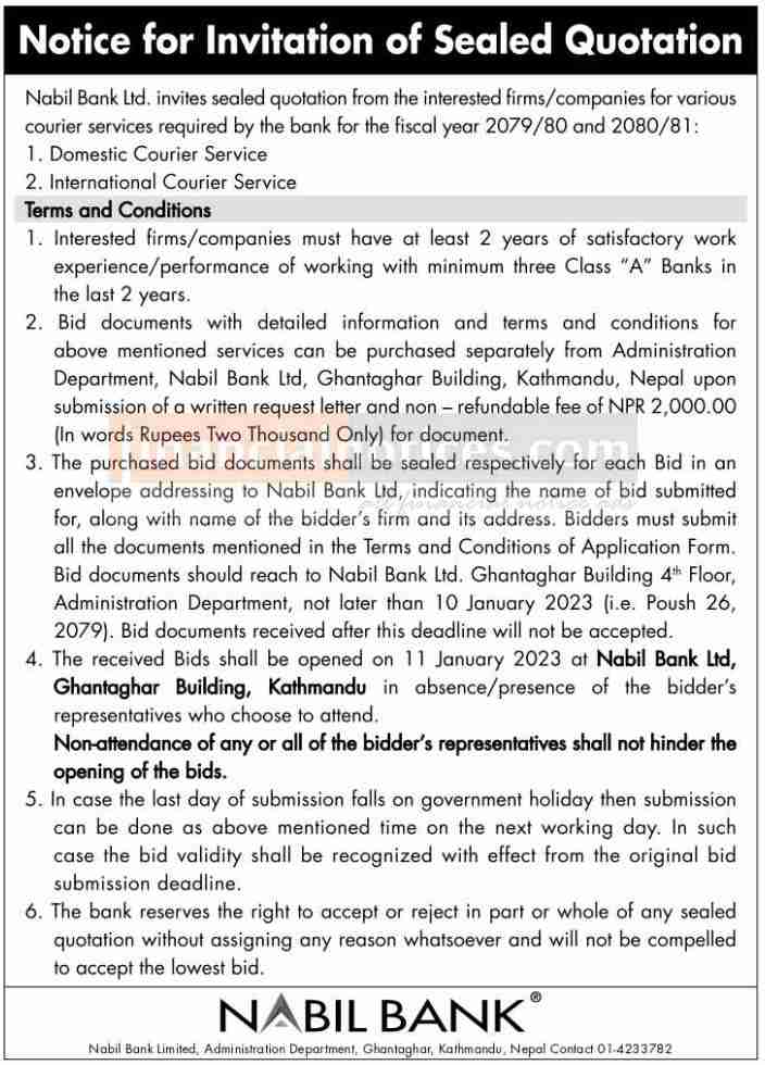Notice for Invitation of Sealed Quotation Nabil Bank