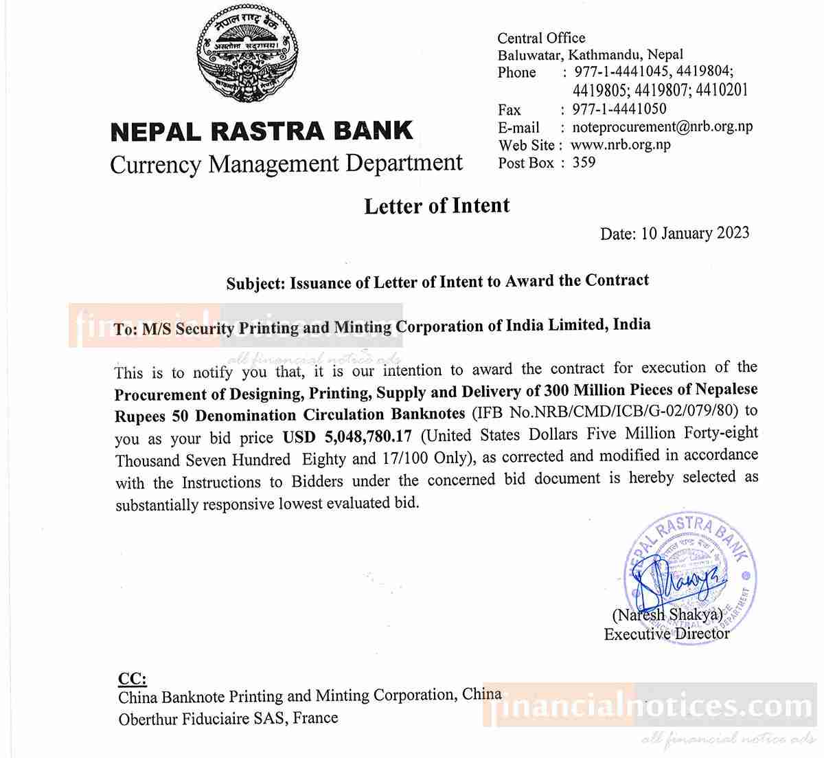 Notice Regarding Issuance of Letter of Intent to Award the Contract ...