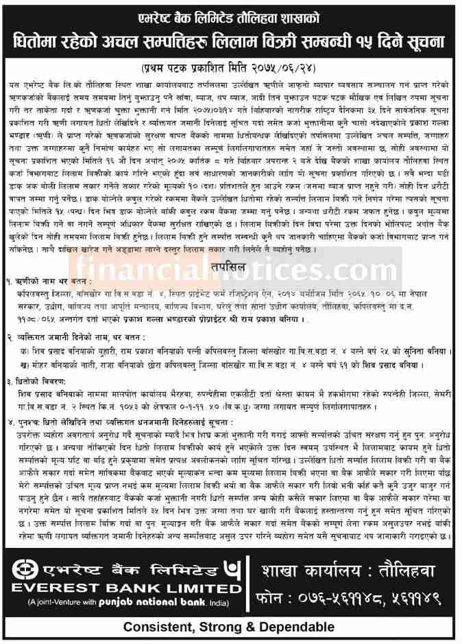 Auction Notice Everest Bank Ltd.