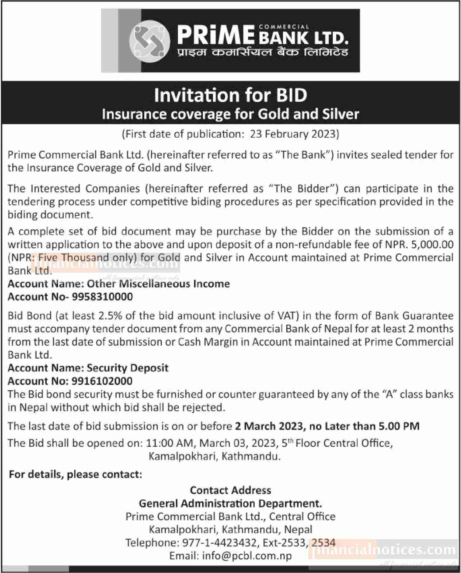 Invitation for Bids Prime Bank