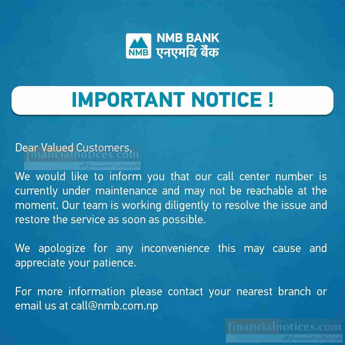 Important notice regarding call center’s service interruption NMB Bank ...