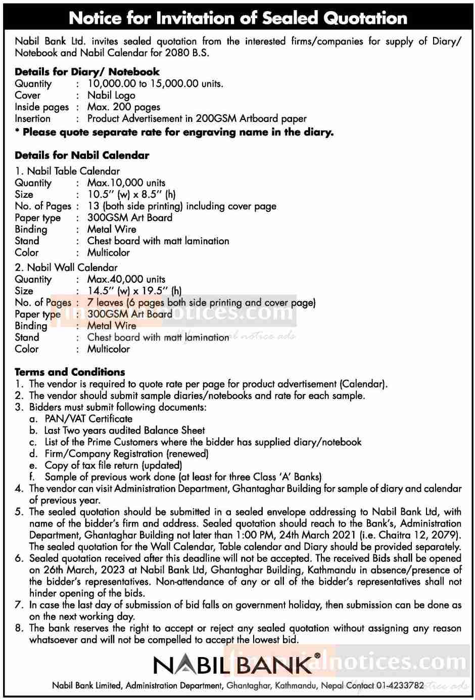 Notice for Invitation of Sealed Quotation Nabil Bank