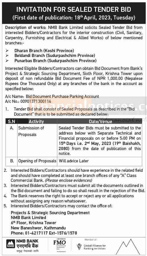 Invitation for Sealed Tender Bid NMB Bank Limited