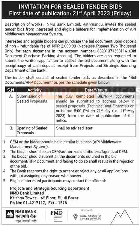 Invitation for Sealed Tender Bids NMB Bank Limited