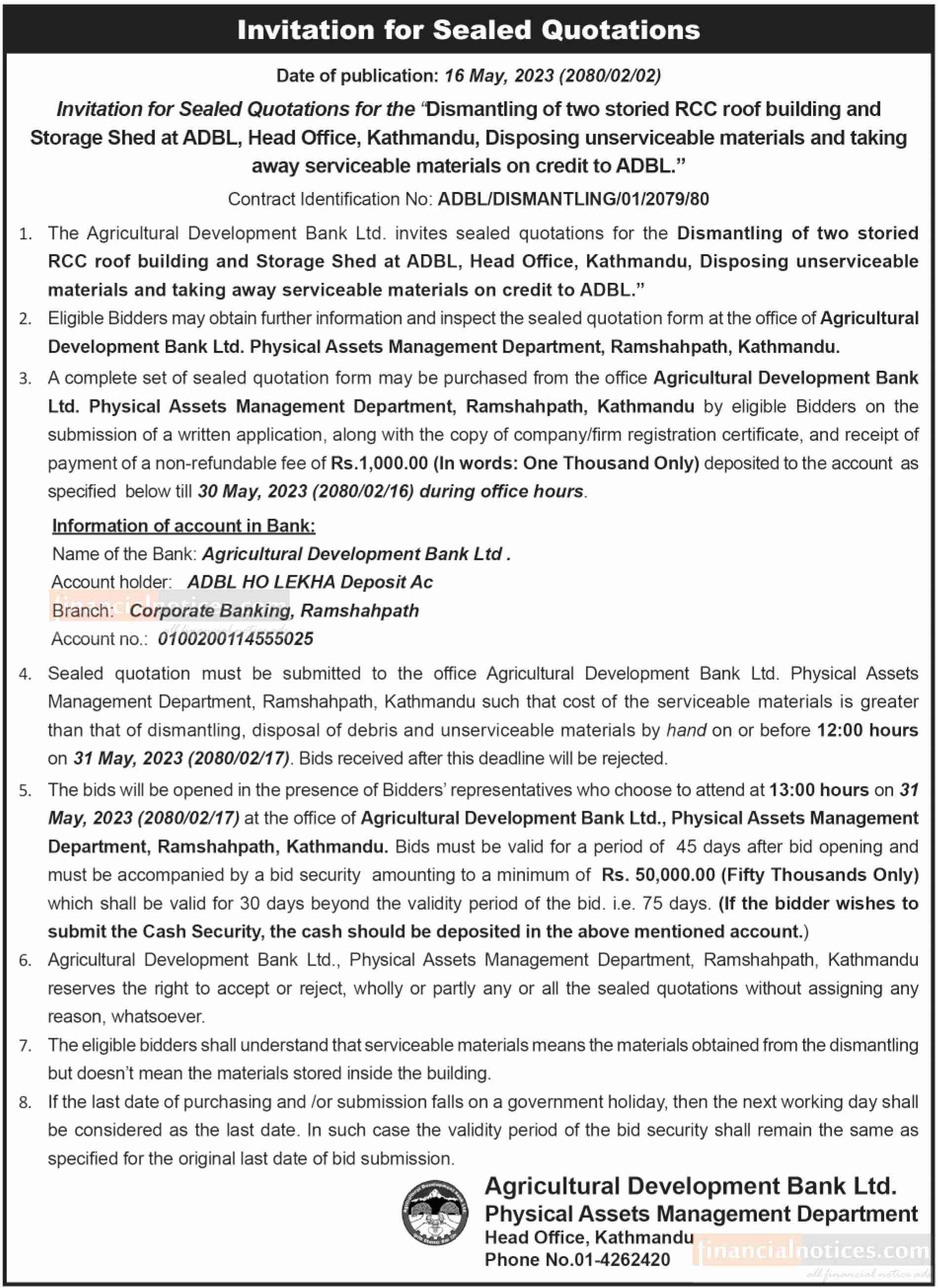 Invitation for Sealed Quotation ADBL