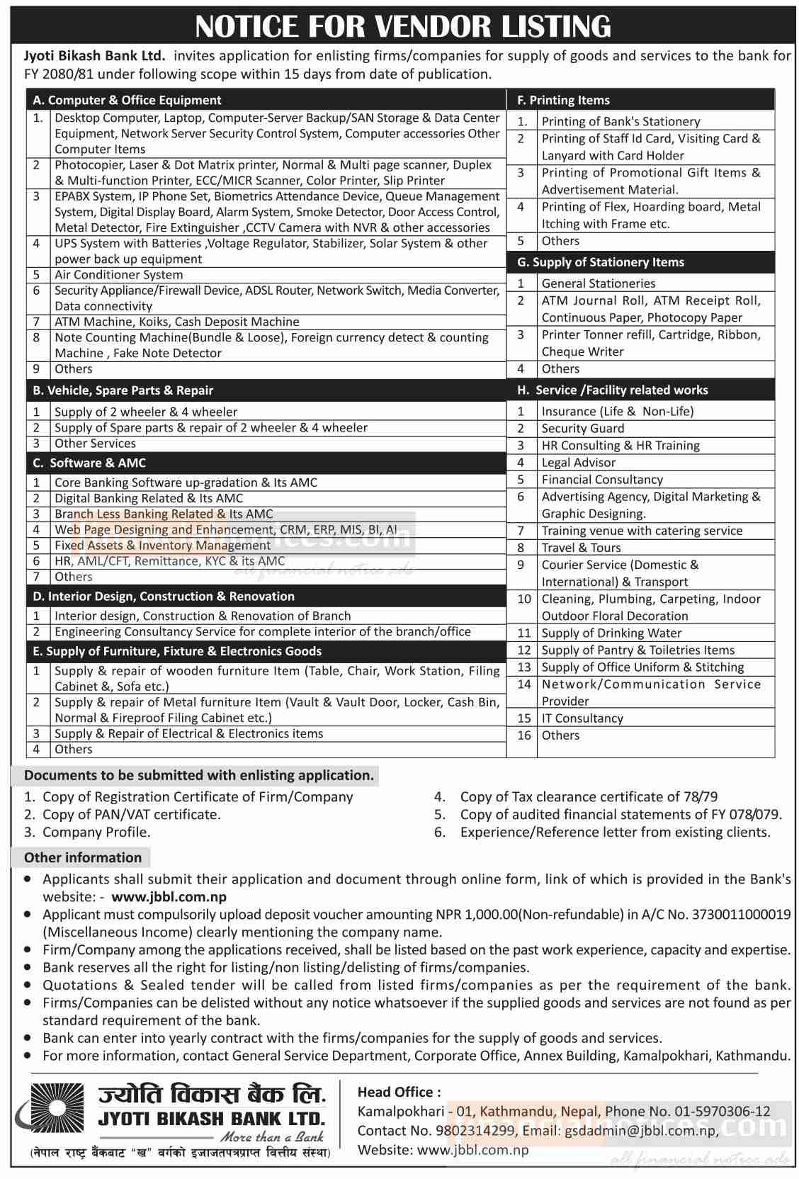 Notice for Vendor Listing Jyoti Bikas Bank