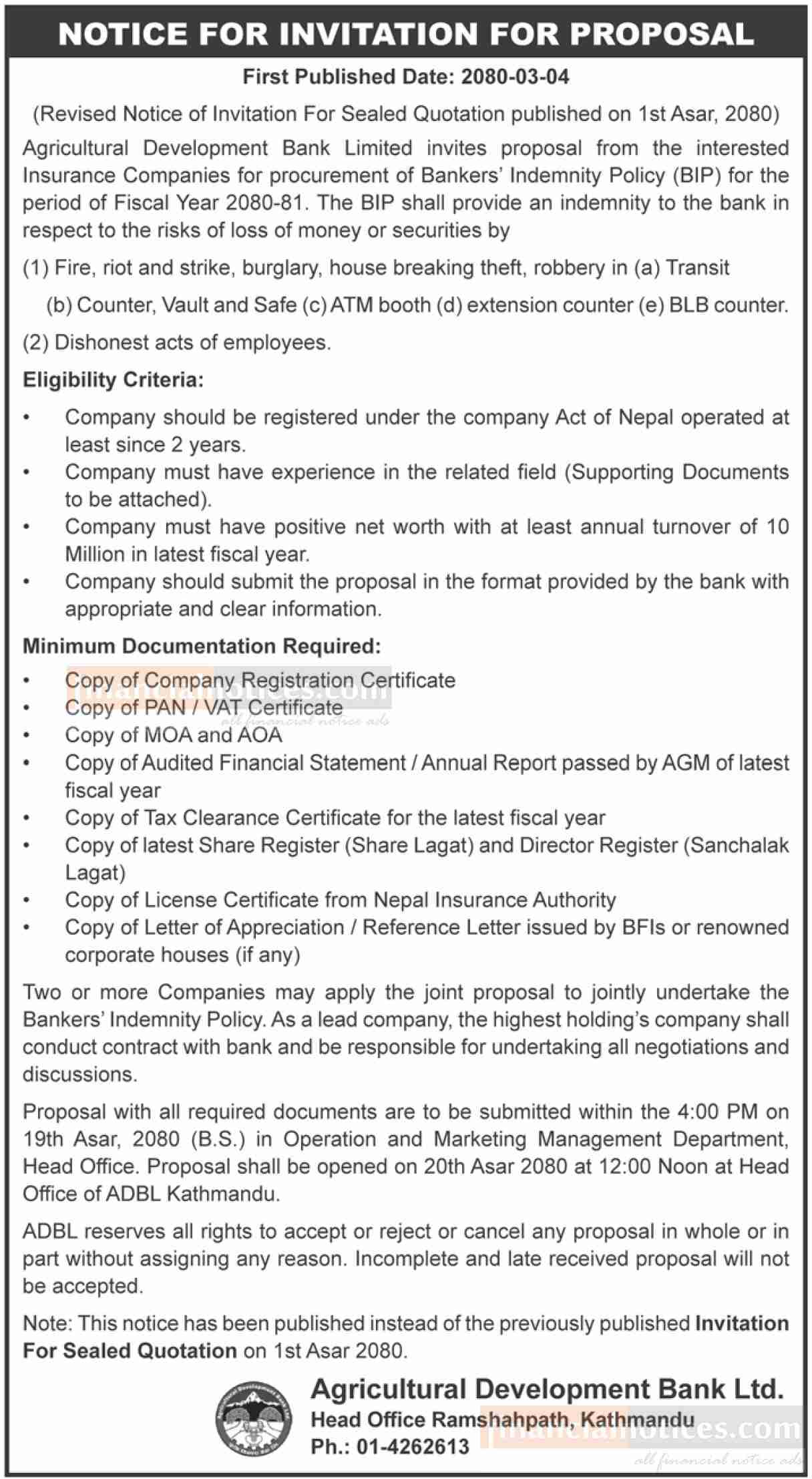 Notice for Invitation for Proposal ADBL